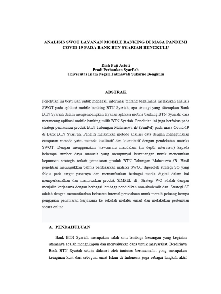 Analisis Swot Layanan Mobile Banking Di Masa Pandemi Covid 19 Pada Bank BTN Syariah Bengkulu | PDF