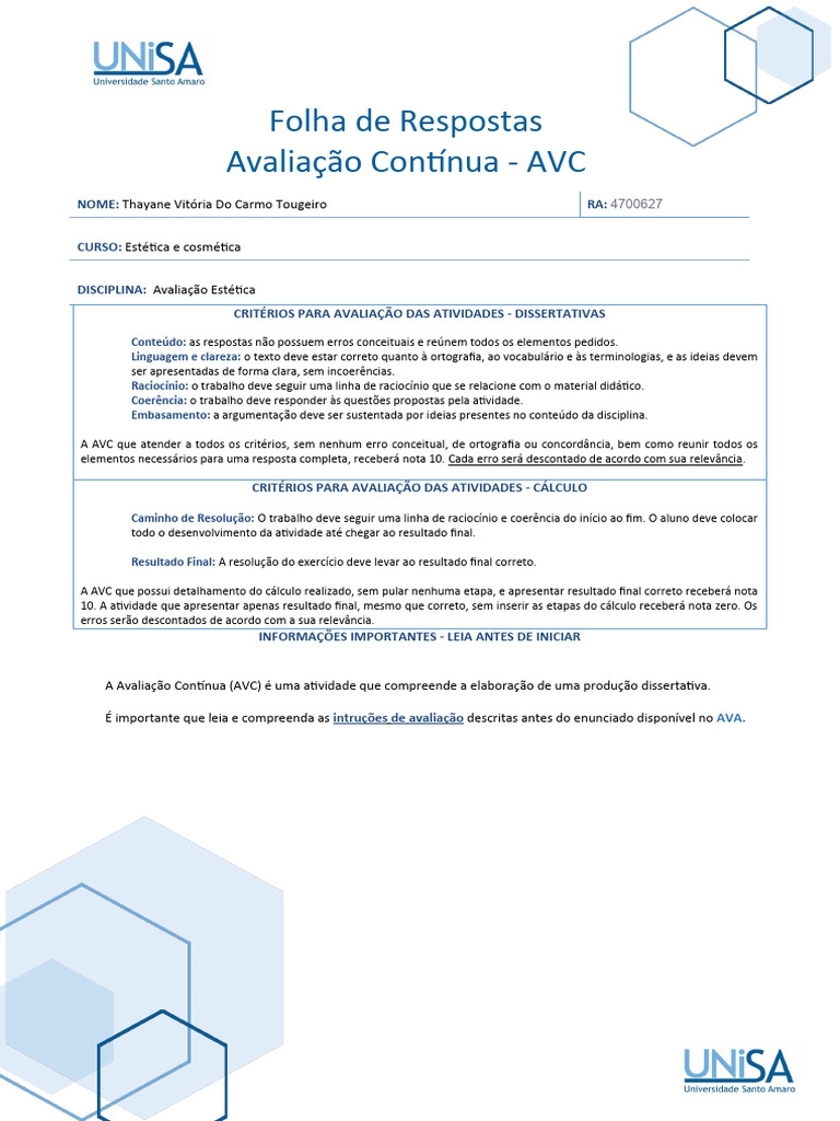Folha AVC | Download grátis PDF | AVC | Cálculo