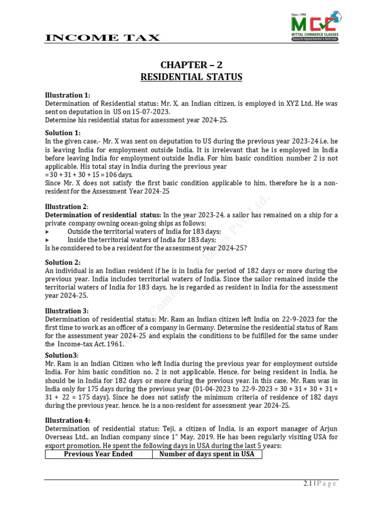 CHAPTER - 2 Residential Status. | PDF | Dividend | Income Tax