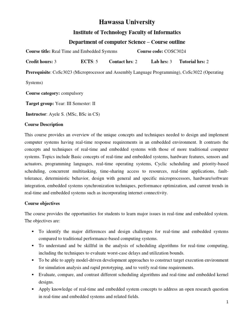 Real Time and Embedded System New Curriculum Based Course Outline | PDF | Embedded System ...