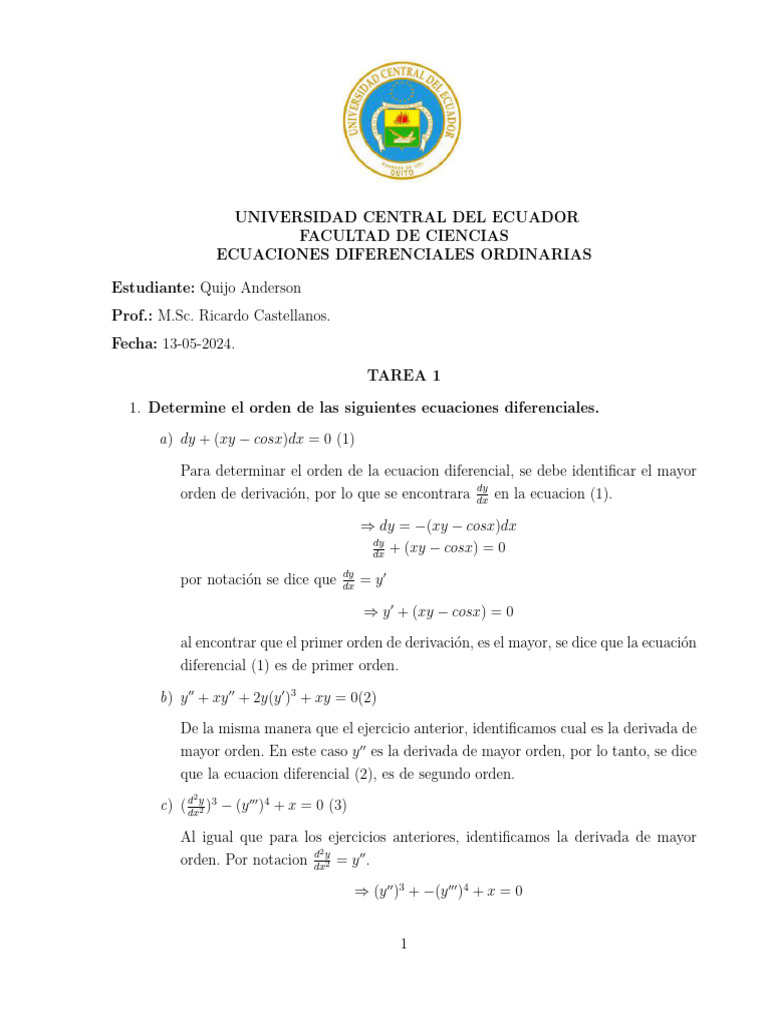 Quijo Anderson EDO Tarea 1 | PDF | Ecuaciones | Ecuaciones diferenciales