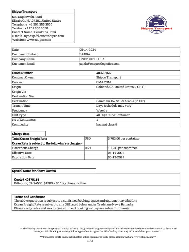Shipco Transport Liability and Rates Guide | PDF | Cargo | Freight ...