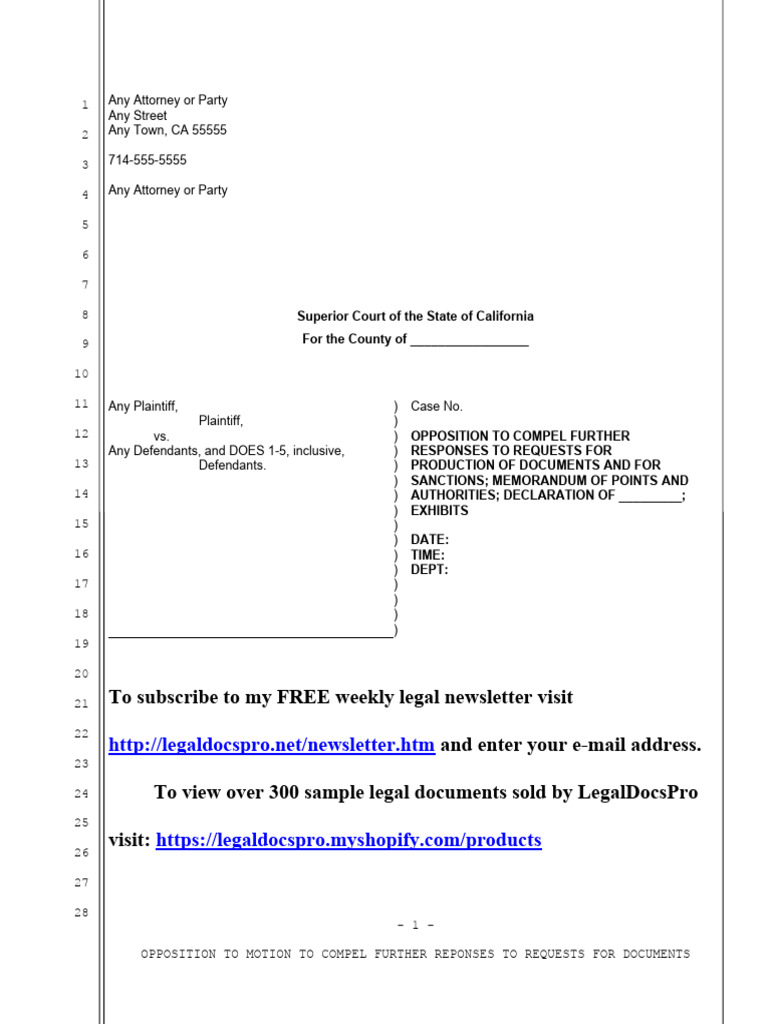 Sample Opposition To Motion To Compel Further Responses To Documents ...