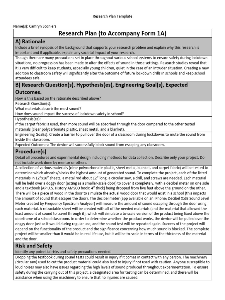 C Sconiers Research Plan Project Summary For 1a 23-24 1 | PDF | Risk ...