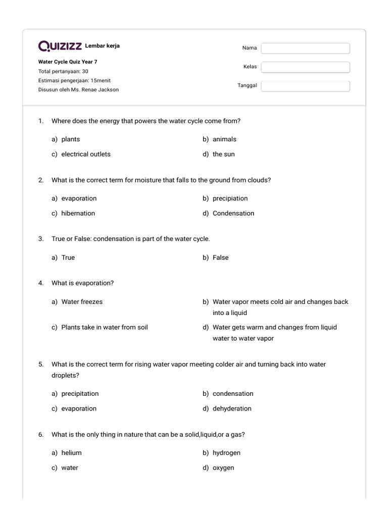 Year 7 Water Cycle Quiz Worksheet | PDF | Water Cycle | Water