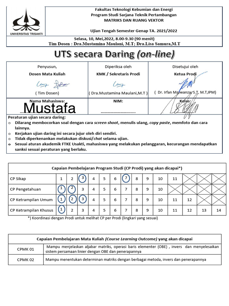UTS Matriks - TT Genap 2021-2022 | PDF | Metode & Bahan Ajar