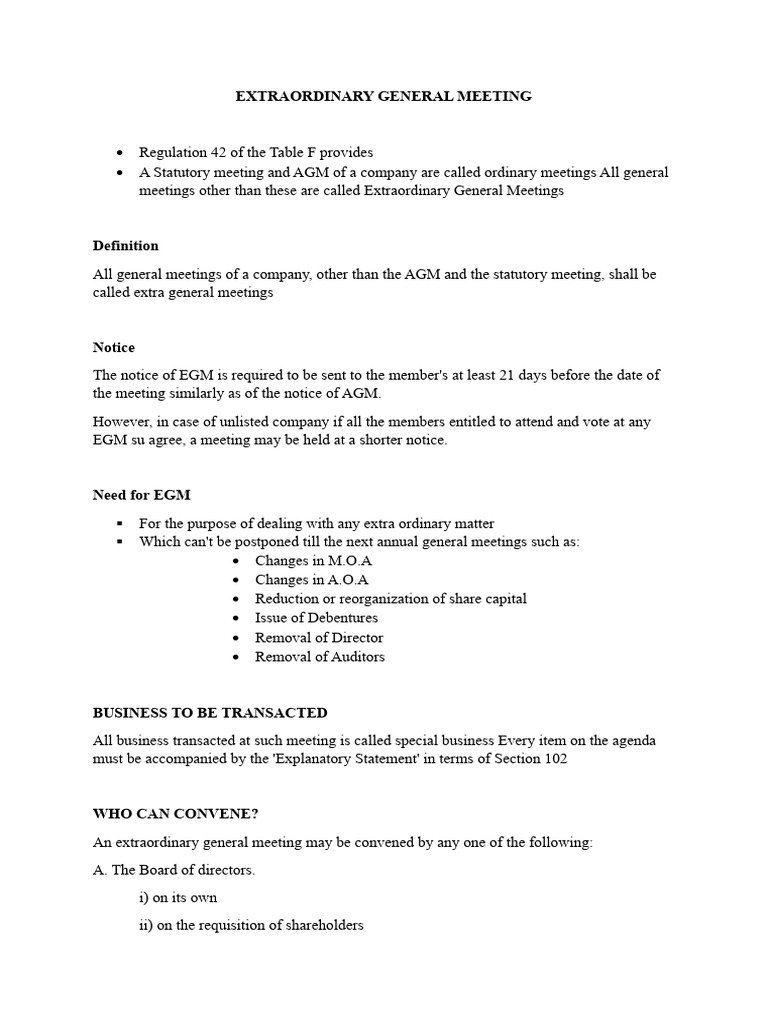 Extraordinary General Meeting | PDF | Corporate Governance | Governance