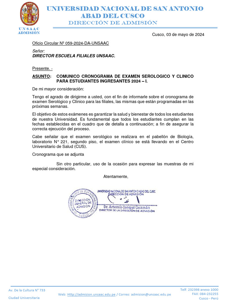 Oficio Circular #059-2024-DA-UNSAAC (Cronograma Filiales) | PDF