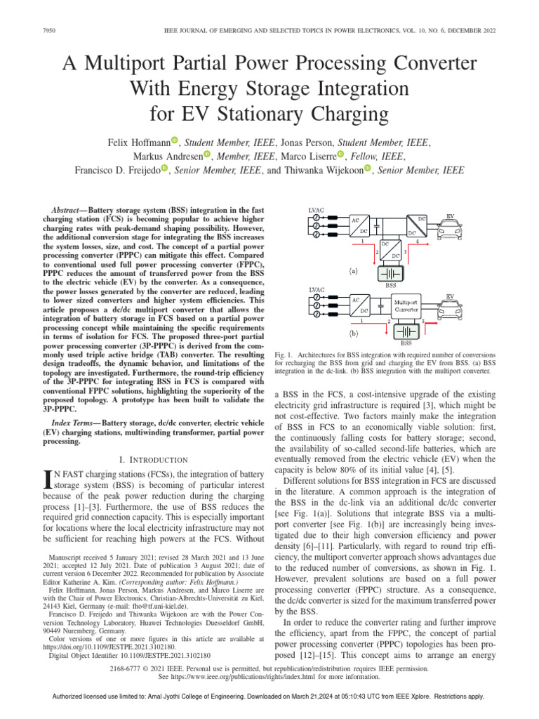 A Multiport Partial Power Processing Converter With Energy Storage Integration For EV Stationary ...