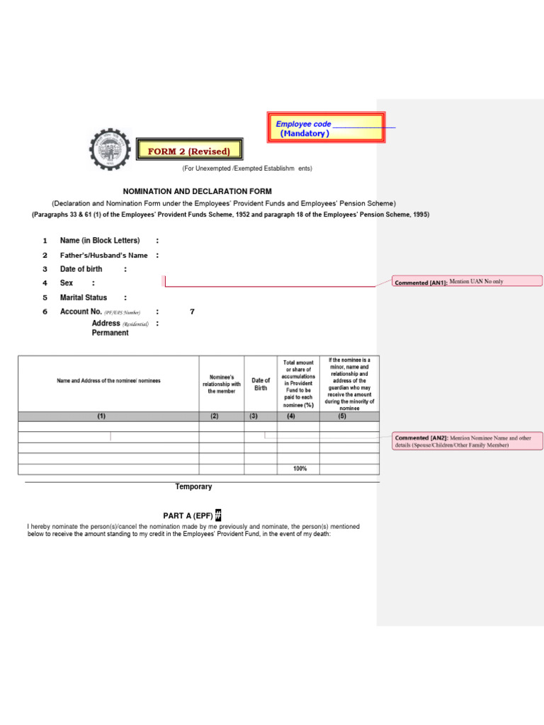 FORM 2 - PF Nomination & Decalaration | PDF | Social Institutions