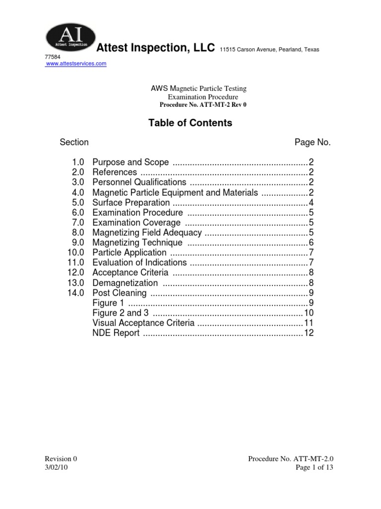 AWS Magnetic Particle Testing Procedure | PDF | Nondestructive Testing ...