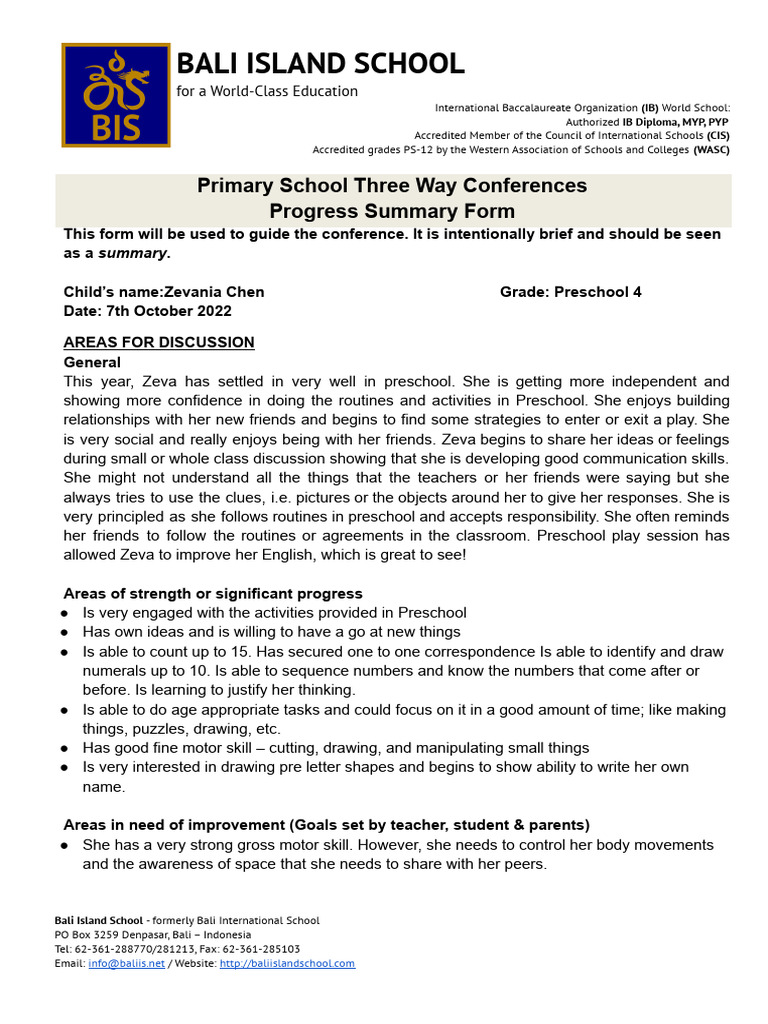 Zeva Chen Three Way Conference Progress Summary Form | PDF | Preschool ...