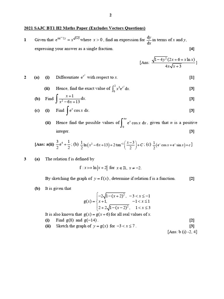 2021 SAJC H2 Math BT1 Question (Except Vectors) | PDF | Area | Trigonometric Functions