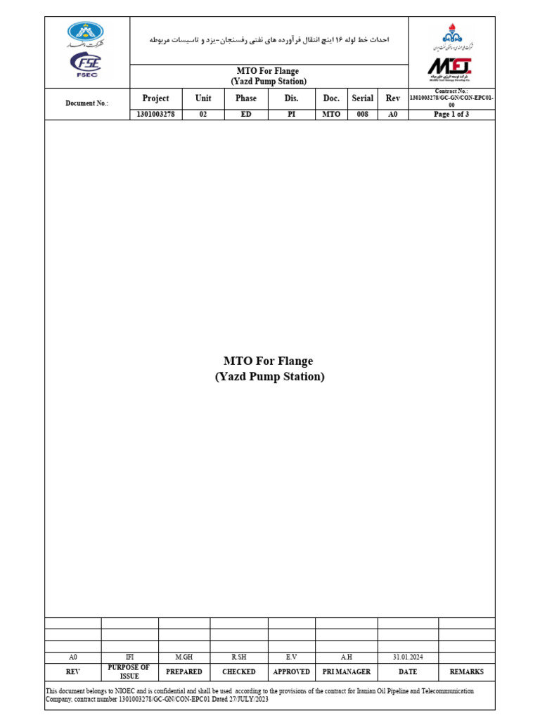1301003278-02-ED-PI-MTO-008-A0-MTO For Flange (Yazd Pump Station) | PDF ...