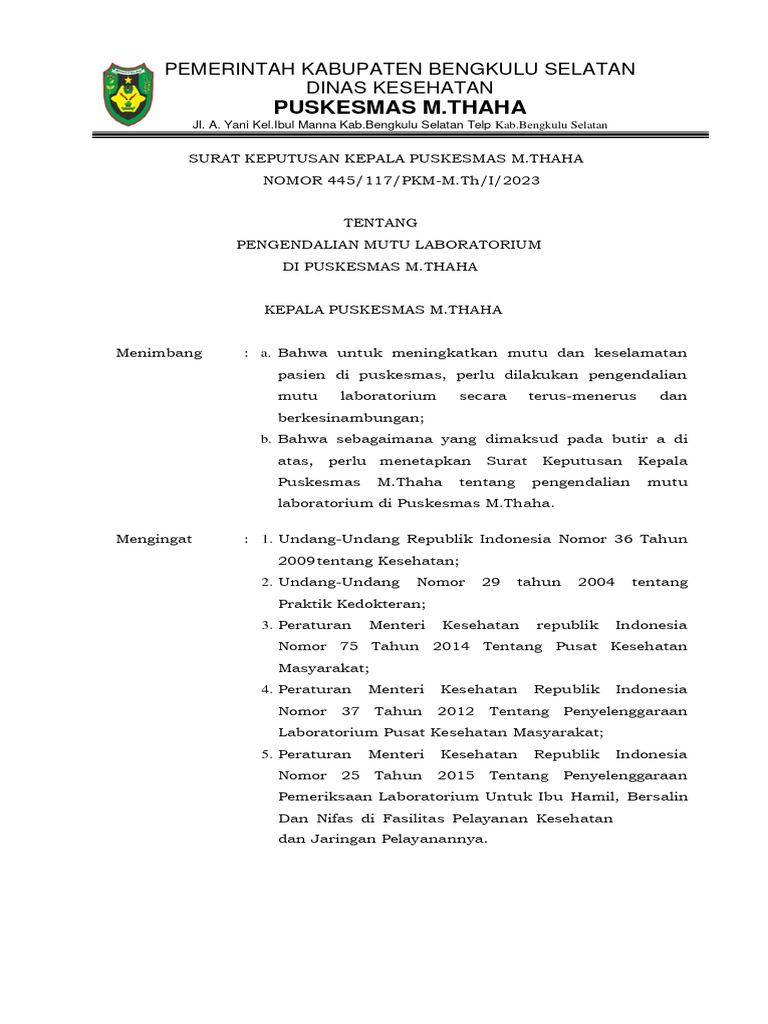 SK Pengendalian Mutu Laboratorium | PDF