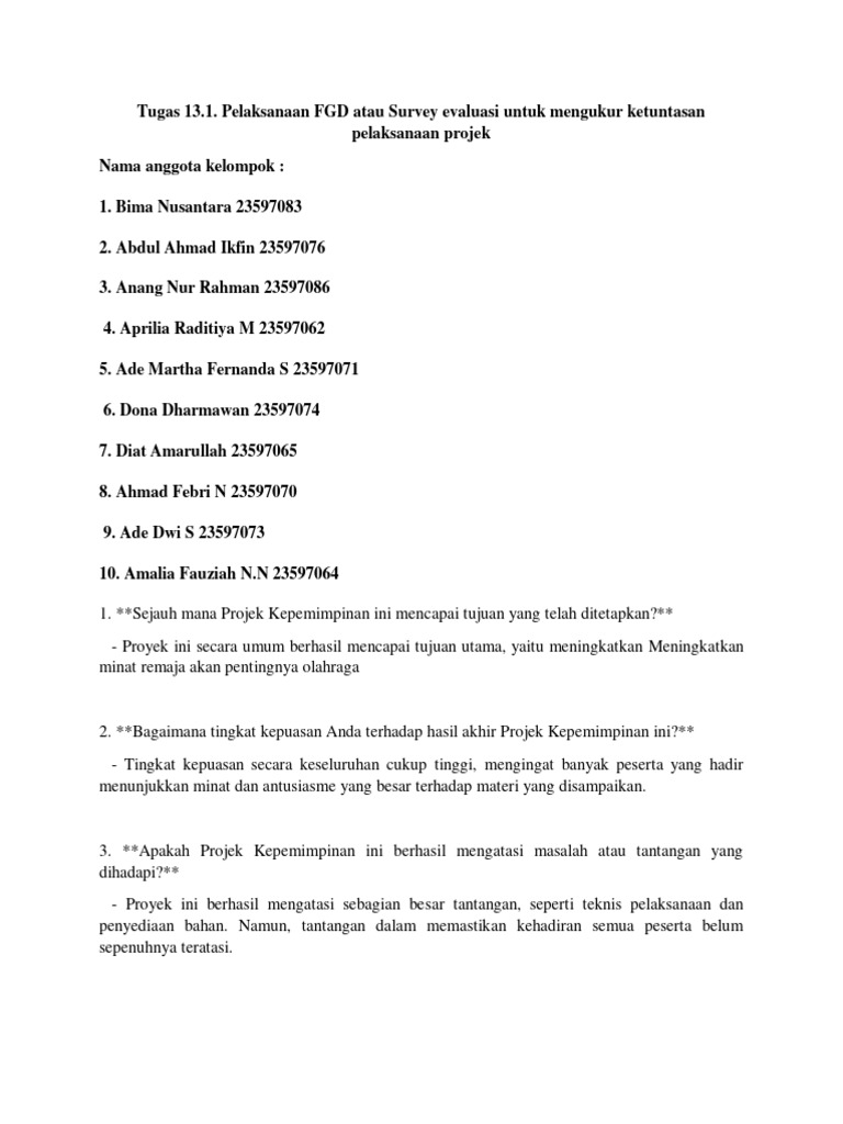 Tugas 13.1. Pelaksanaan FGD Atau Survey Evaluasi Untuk Mengukur ...