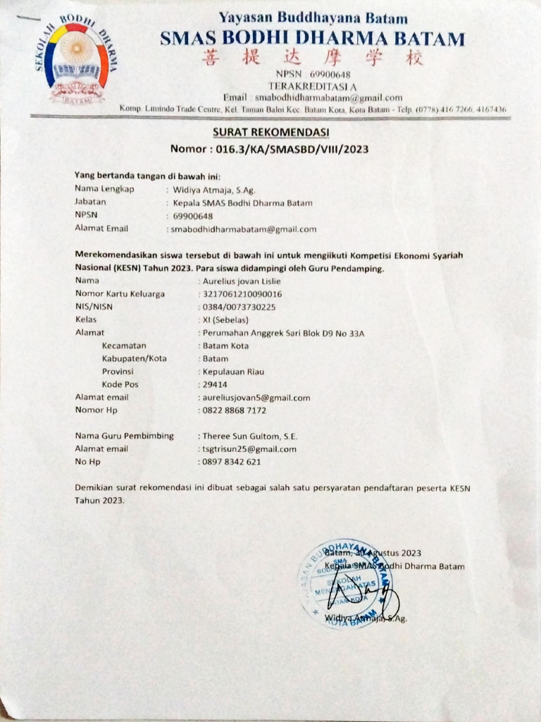 Surat Rekomendasi Smas Bodhi Dharma | PDF