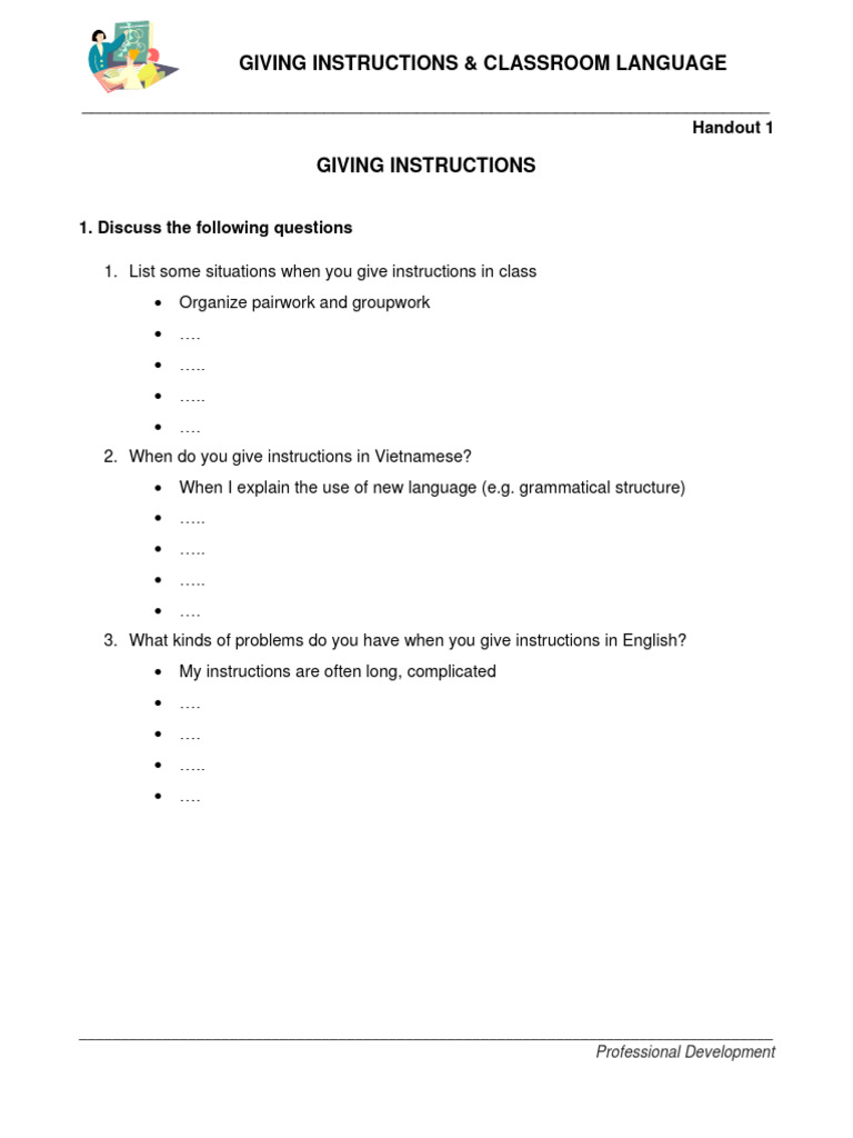 Giving Instructions & Classroom Language - Handout | PDF | Learning ...
