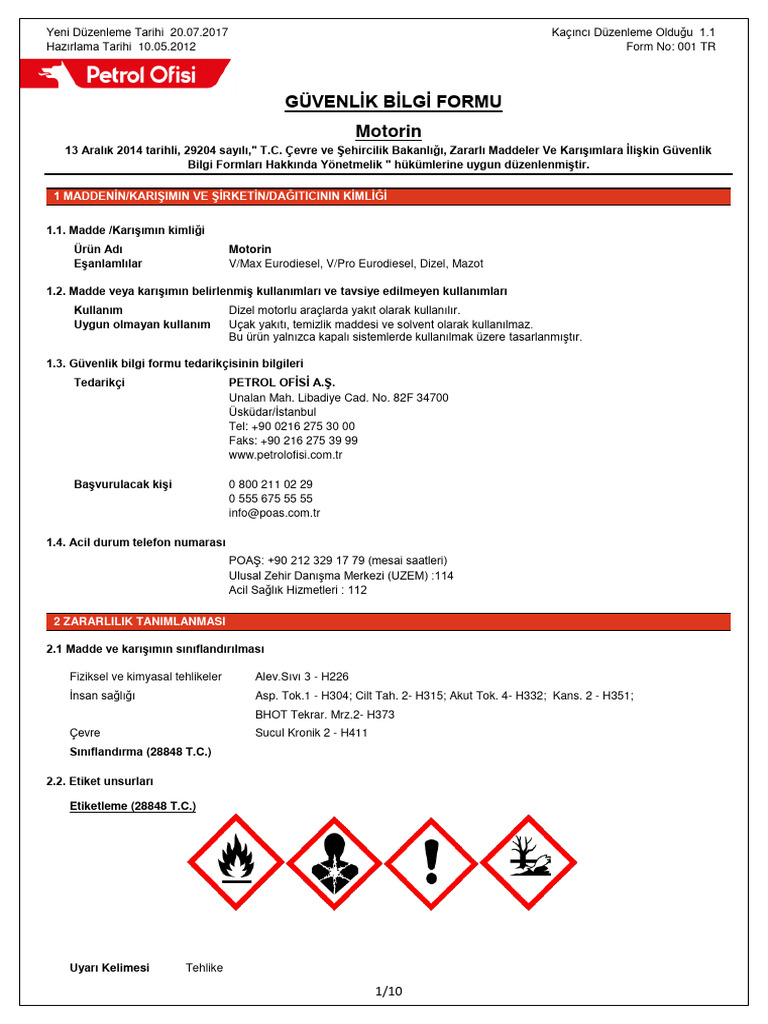 Petrol Ofi̇si̇ Motori̇n Msds | PDF