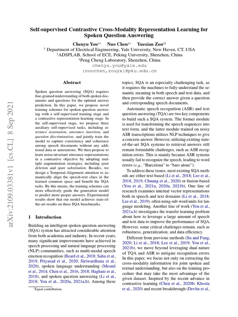 Self-Supervised Contrastive Cross-Modality Representation Learning For Spoken Question Answering ...
