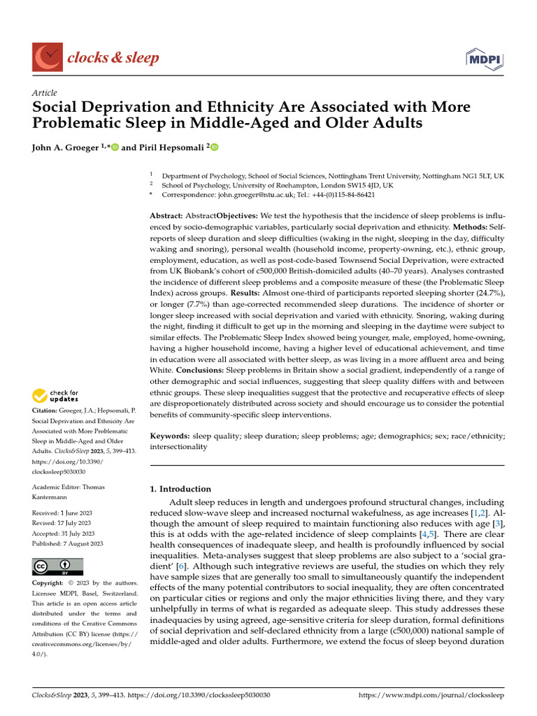 Social Deprivation and Ethnicity Are Associated With More Problematic Sleep in Middle-Aged and ...