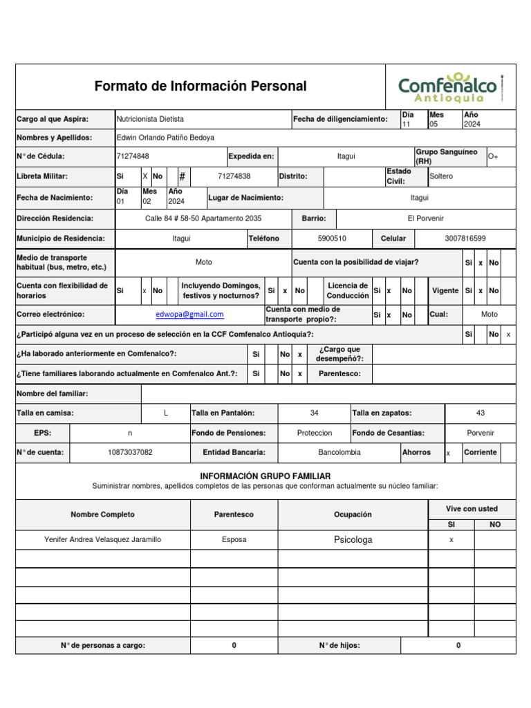 Formato de Información Personal y Laboral | PDF | Dietético