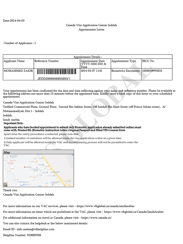 Canada Visa Appointment Confirmation Jeddah | PDF | Biometrics ...