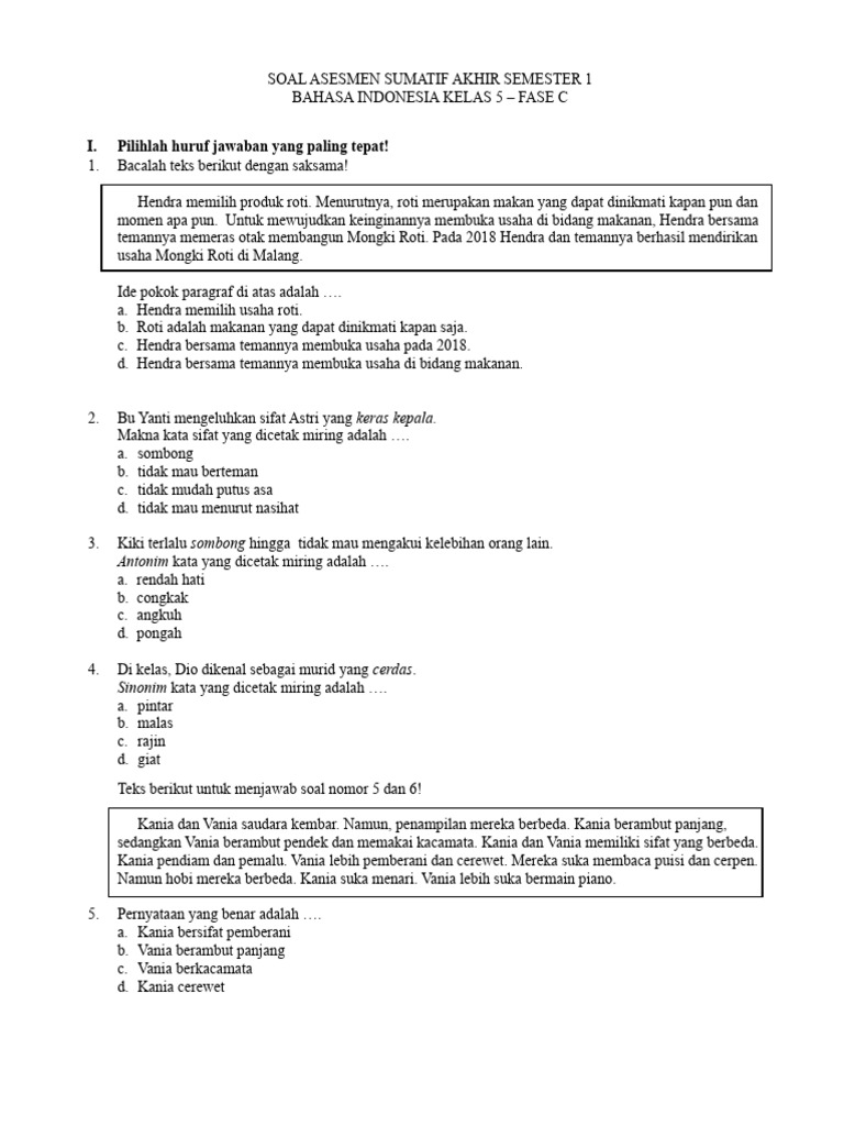 Soal Asesmen Sumatif Akhir Semester 1 Bindo KLS 5 | PDF