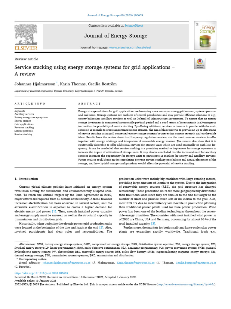 Journal of Energy Storage: Johannes Hjalmarsson, Karin Thomas, Cecilia ...