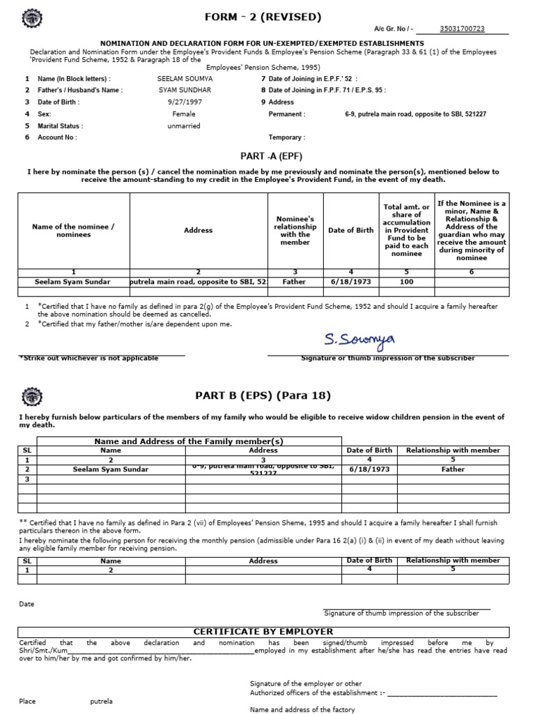 EPF & EPS Nomination Form | PDF