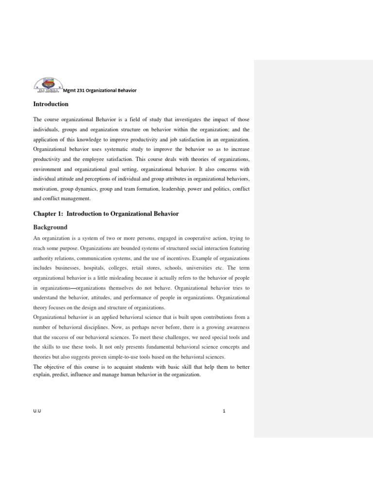 Mgmt 231 Organizational Behavior Introduction | PDF | Perception | Organizational Behavior