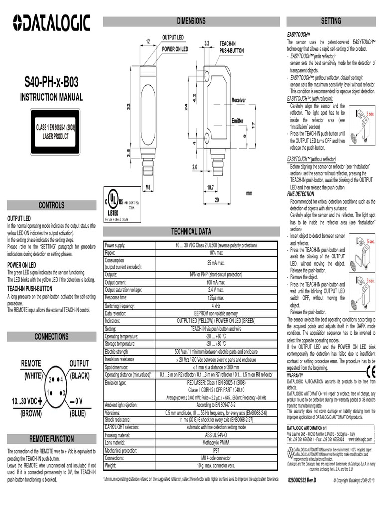 S40PH-B03 Miniaturesensors Manual Revd Eng | PDF | Sensor | Bipolar Junction Transistor