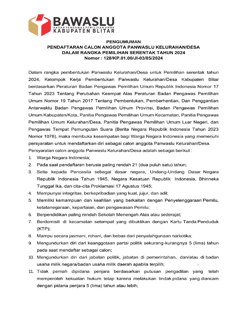 128 KP - Pengumuman PKD Pemilihan 2024 Dan Lampirannya | PDF