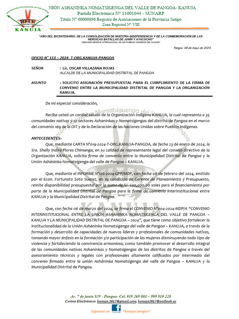 Oficio N°113 Cumplimiento de Convenio-Kanuja | PDF