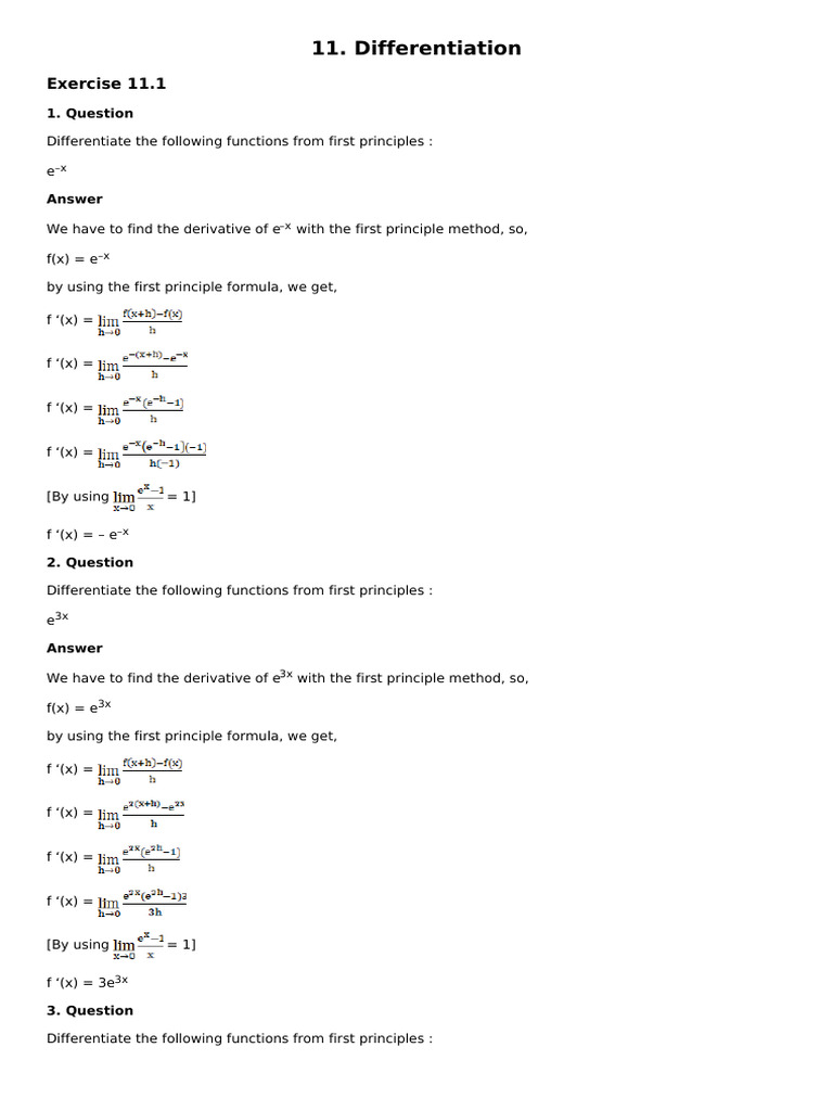 Chapter - 11. Differentiation | PDF | Derivative | Logarithm
