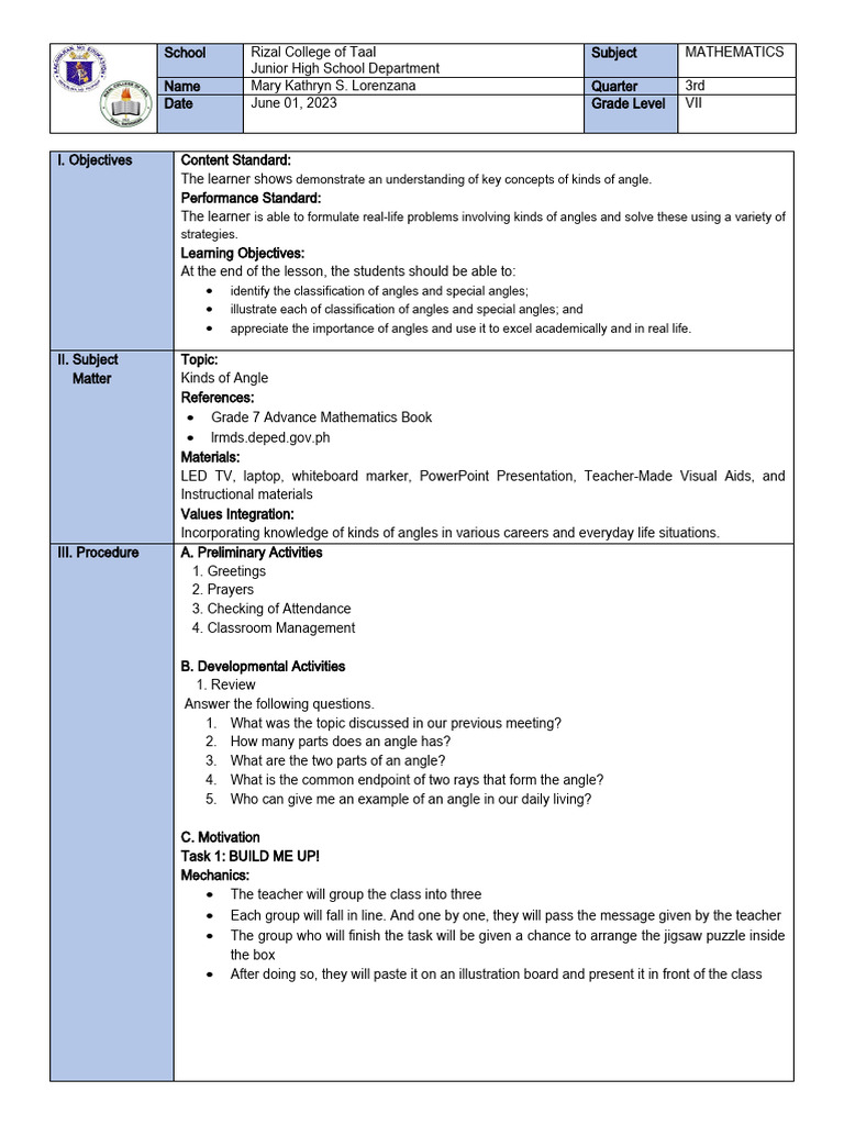 Kinds of Angle-LP-Ms. Lorenzana | PDF | Angle | Learning