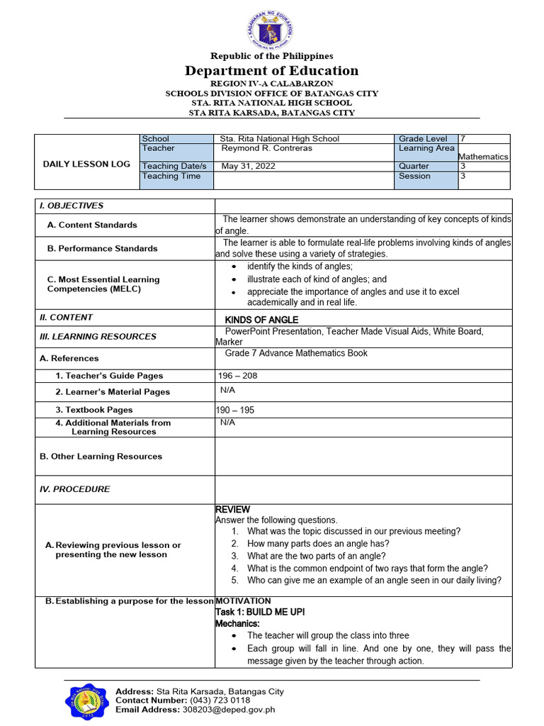 DLP - Template - English - Reymond R. Contreras - True - Truee Na | PDF | Angle | Learning