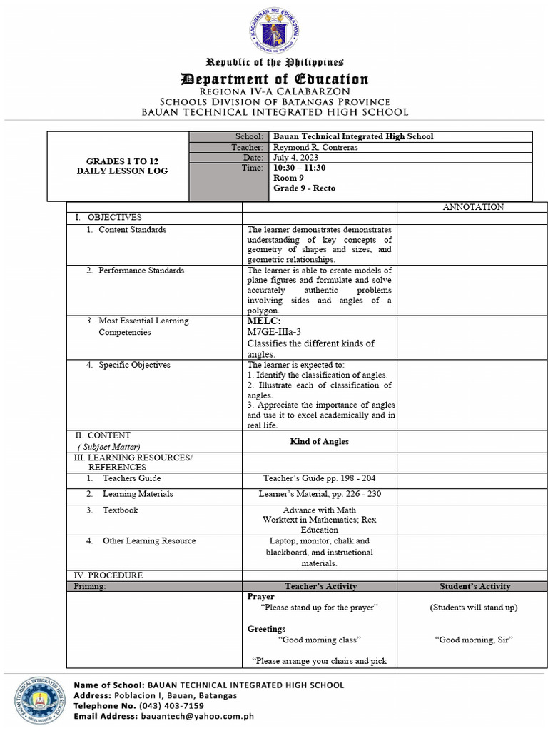 Grade 9 Geometry Daily Lesson Plan | PDF | Educational Assessment ...