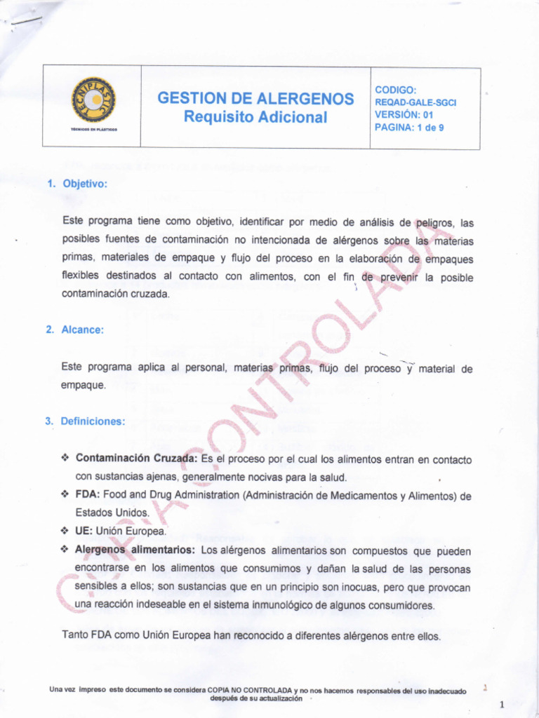 Gestion De Alergenos Vr 1 2022 Pdf Alimentos Política Alimentaria