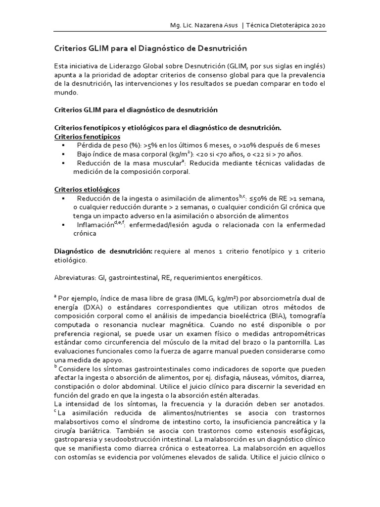 Criterios GLIM para Diagnóstico de Desnutrición | PDF | Diarrea ...