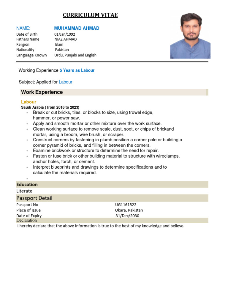 Muhammad Bilal Labour CV | PDF
