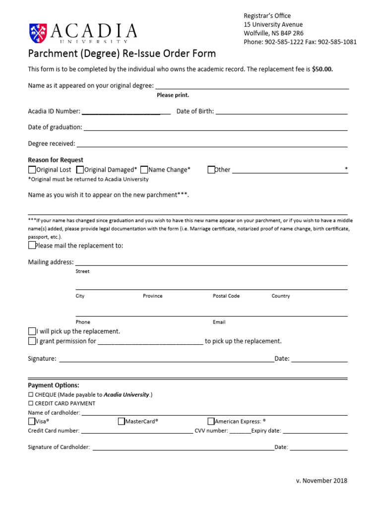 Parchment Replacement Order Form - November 2018 | PDF | Credit Card ...
