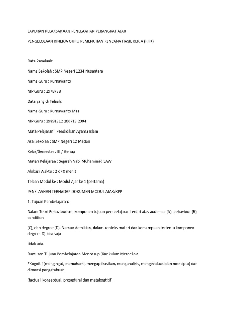 Laporan Pelaksanaan Penelaahan Perangkat Ajar | PDF