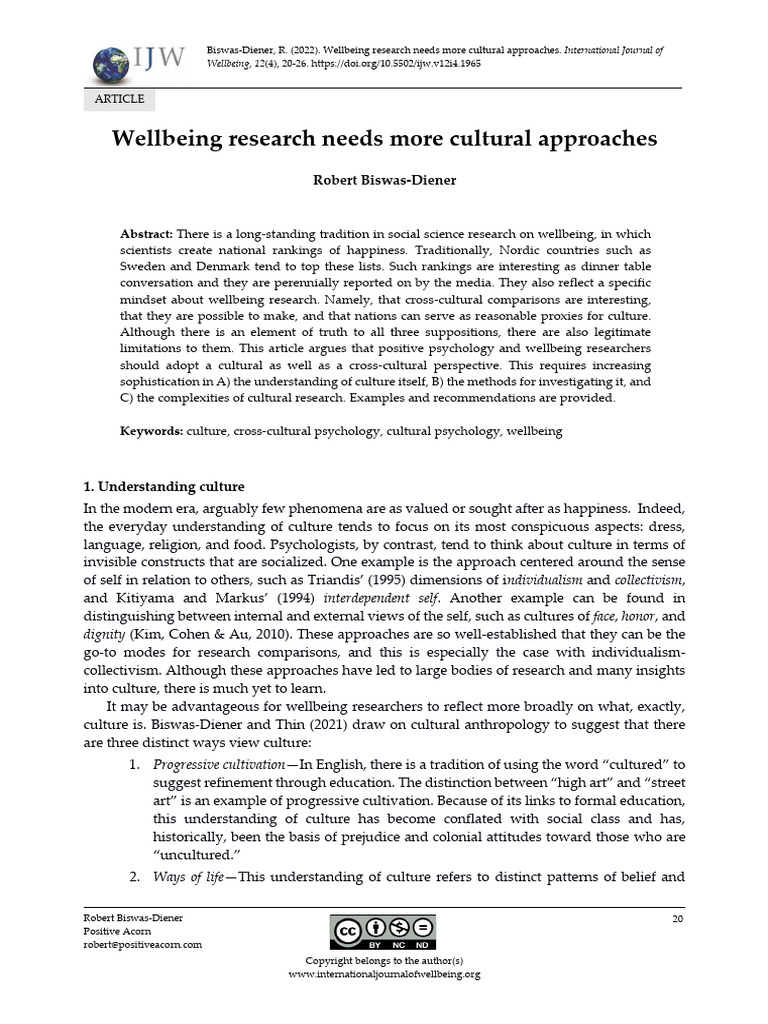 Wellbeing Research Needs More Cultural Approaches | PDF | Well Being ...