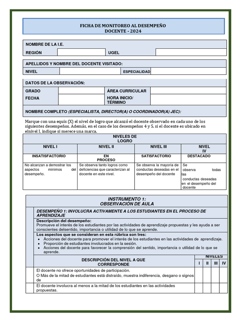 Ficha de Monitoreo Docente-2024 | Descargar gratis PDF | Evaluación | Aprendizaje