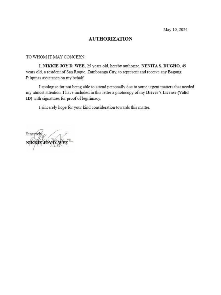 Authorization Letter for AICS | PDF