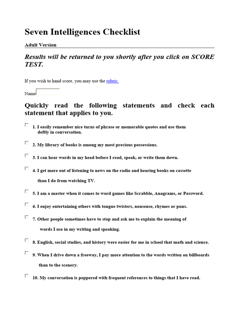 Seven Intelligences Checklist | PDF | Intelligence | Cognition