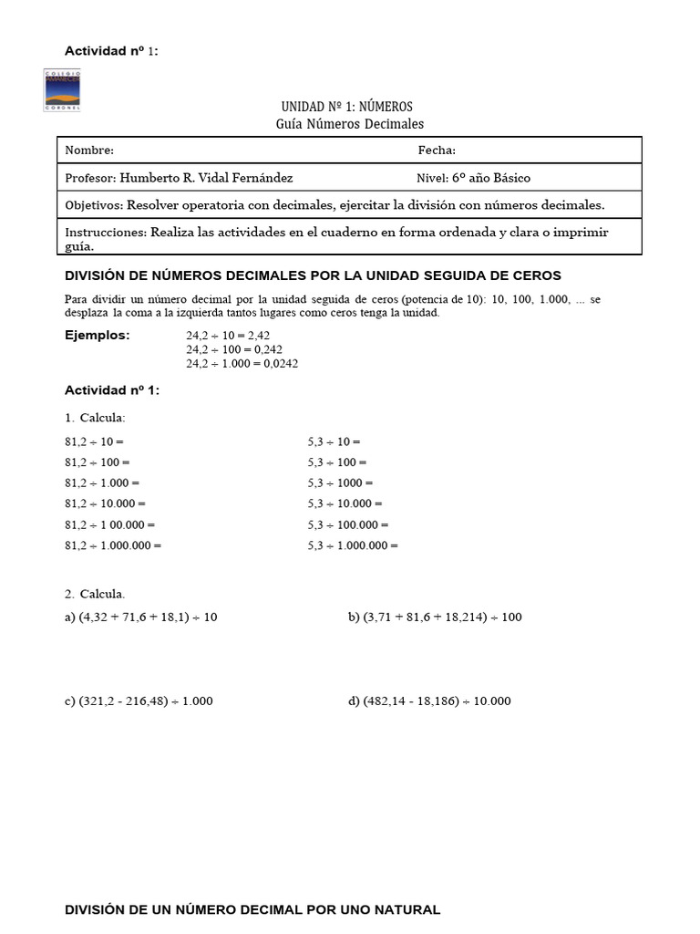 Guia Matematica 6to Division Con Decimales | PDF | Números | Matemáticas