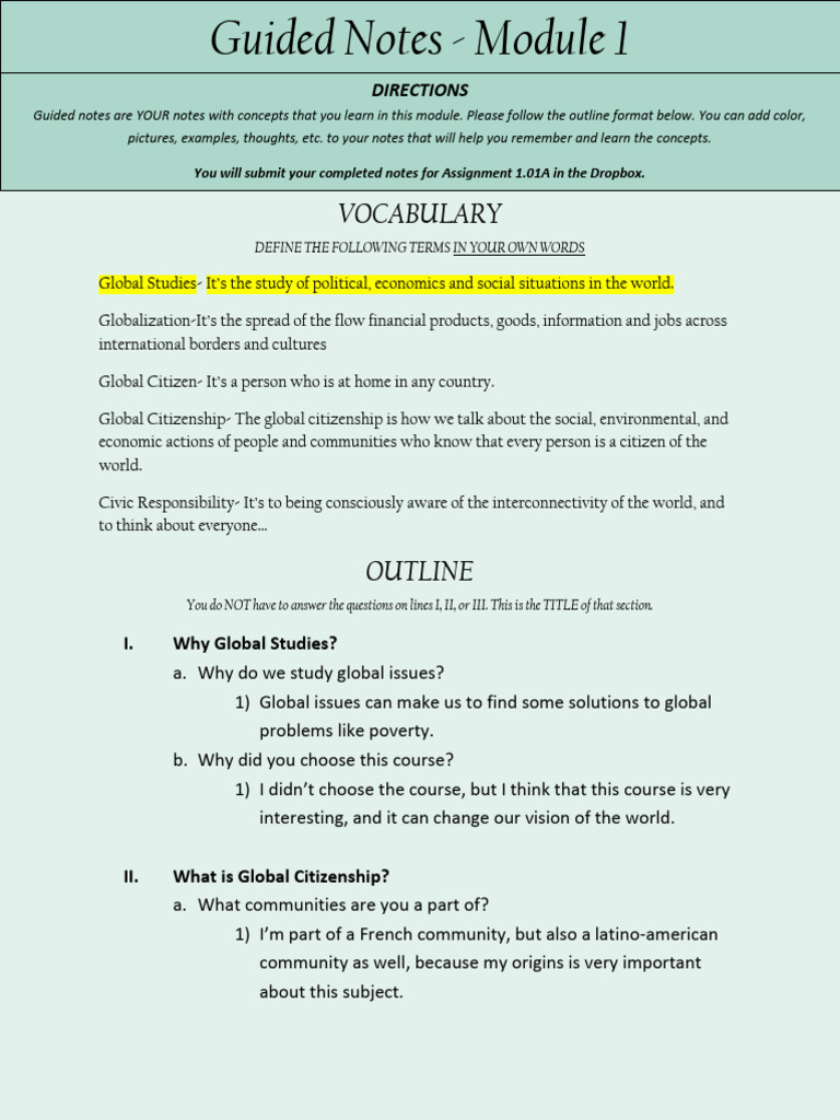 Global Studies Guided Notes 1.01A by Thierry Soula .Student | PDF ...