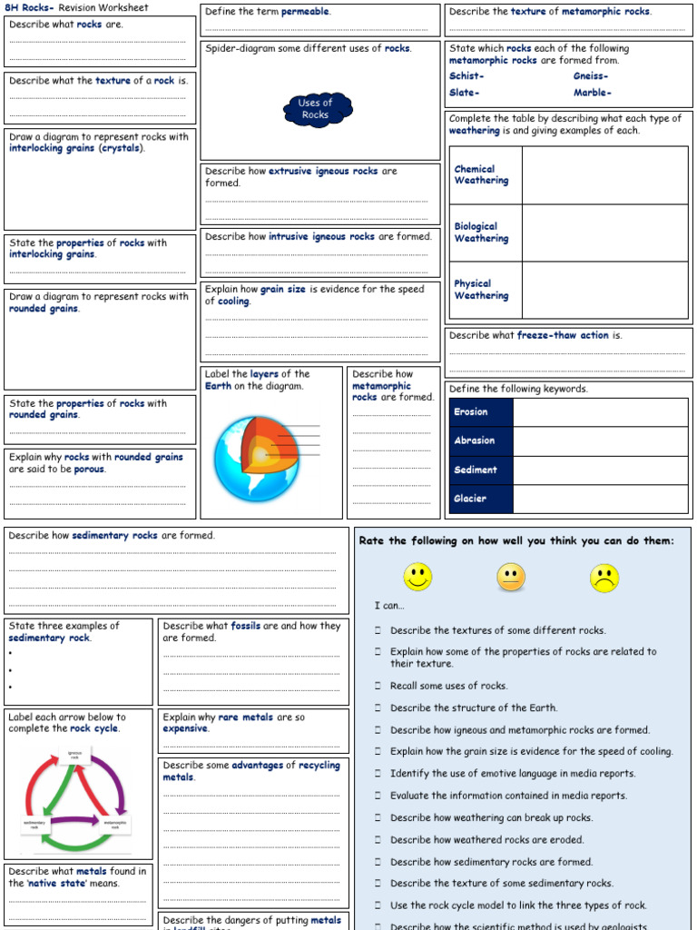 Year 8 Rocks Revision Worksheet | PDF | Rock (Geology) | Petrology